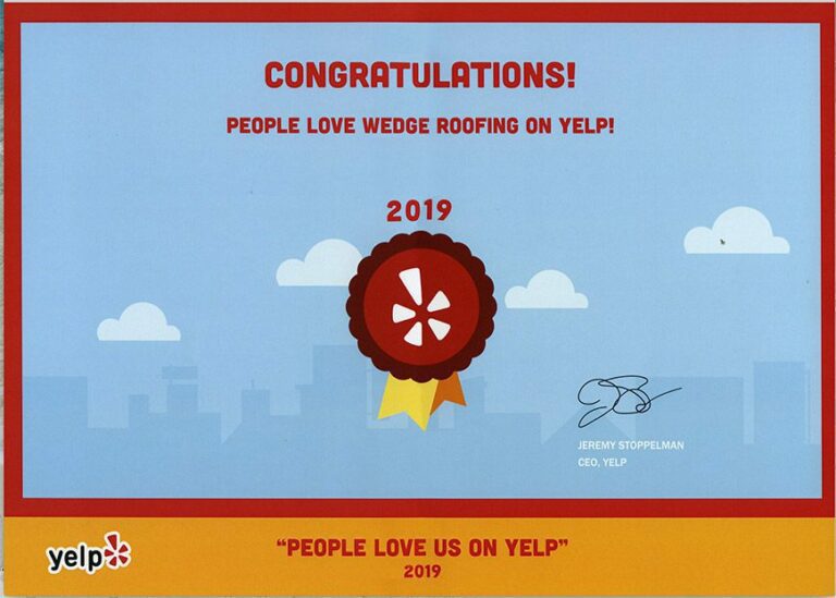Wedge Roofing Wins People Love Us On Yelp Award!